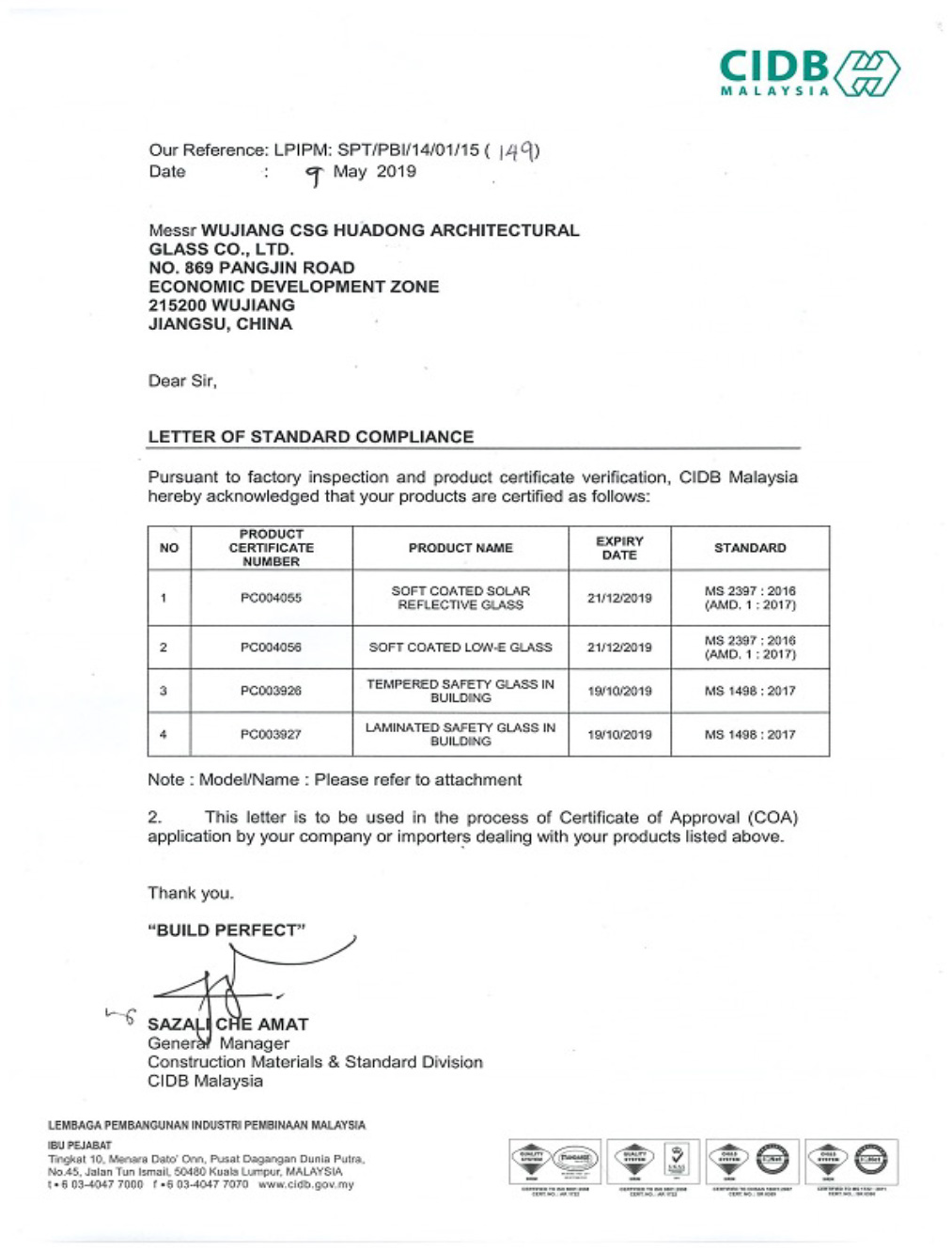 Quality Certificates | SG Materials (M) Sdn Bhd